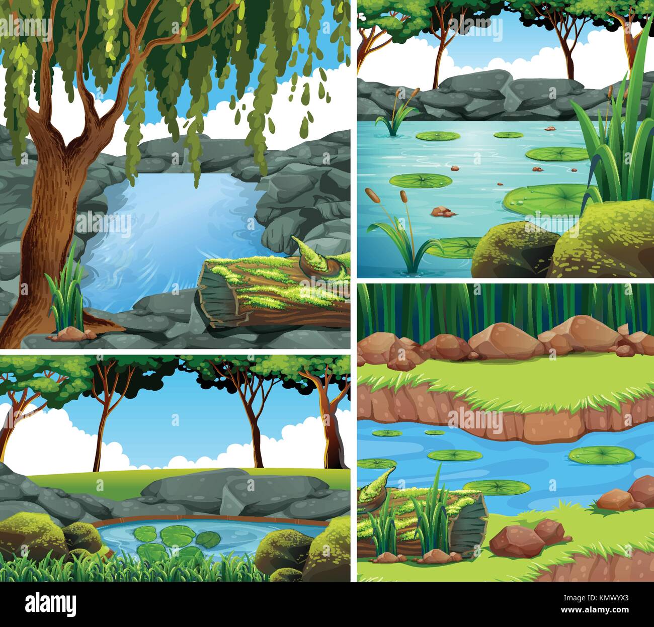 Four background scenes with river in forest illustration Stock Vector ...