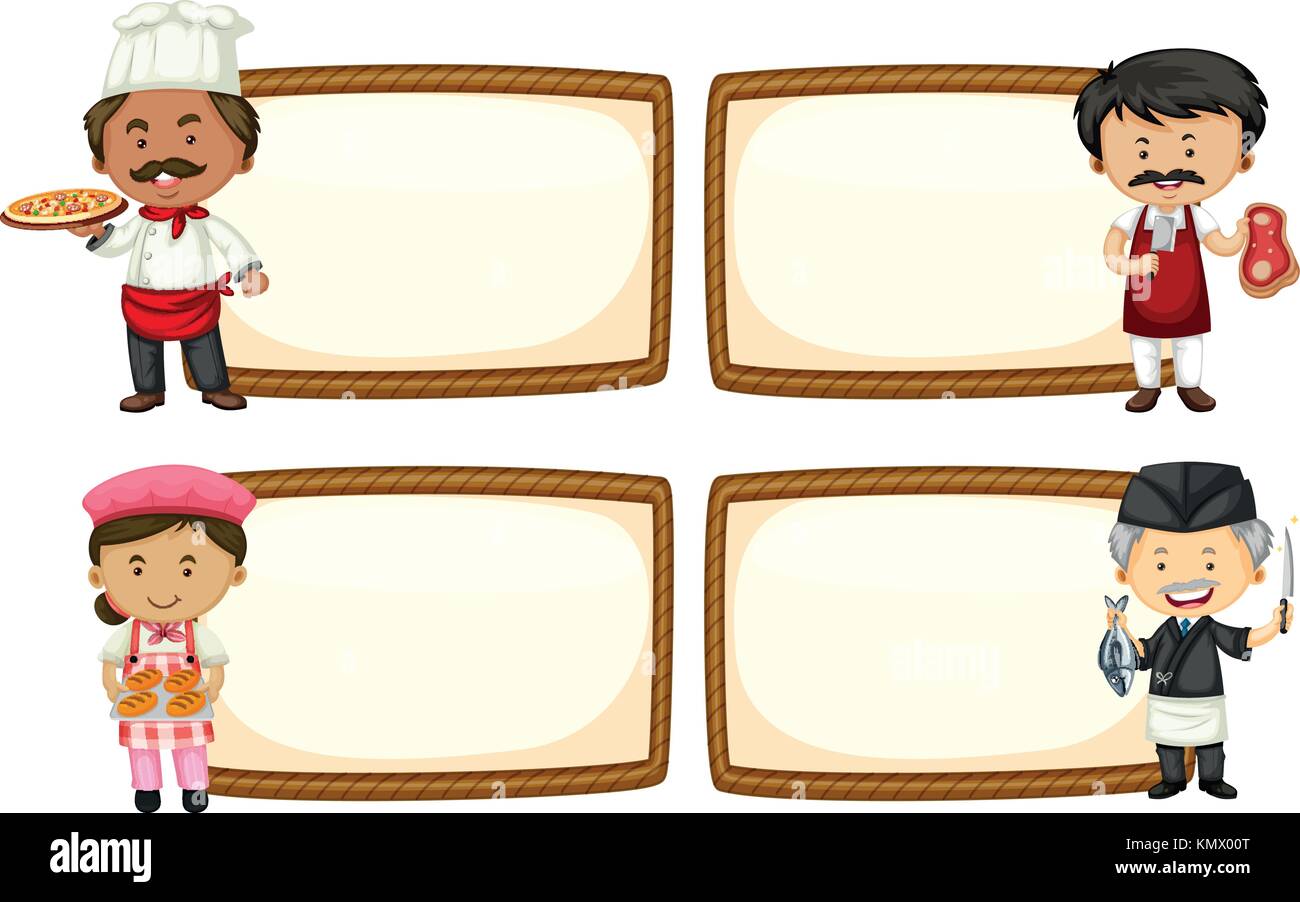 Four frame designs with chef and baker illustration Stock Vector Image ...