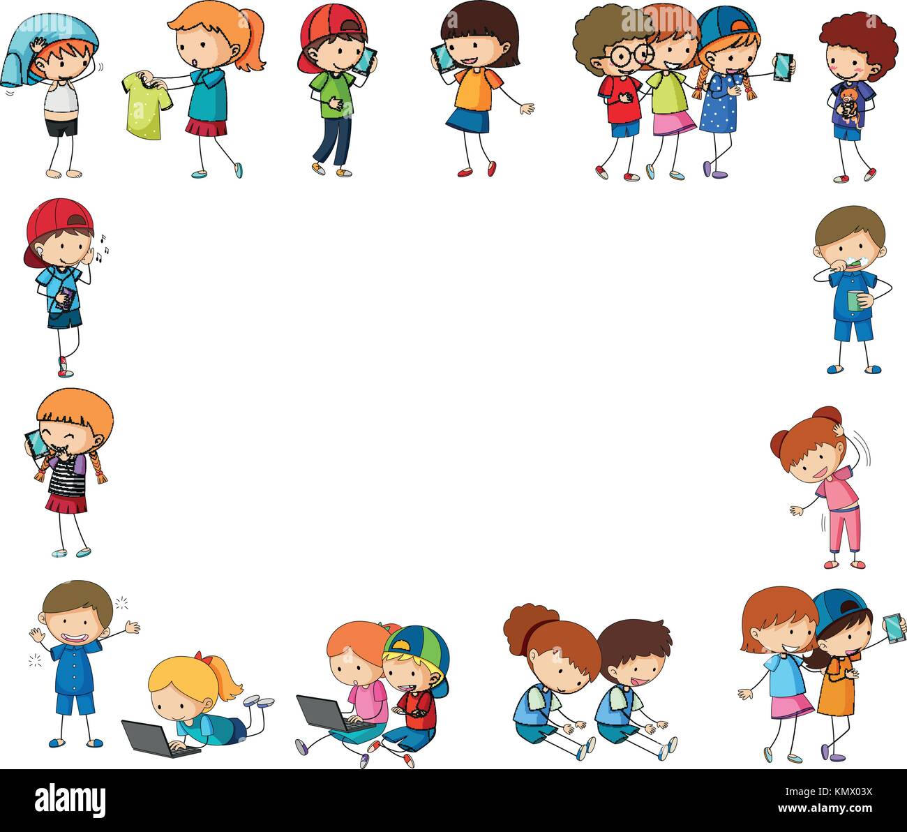 Border template with happy children with devices illustration Stock ...