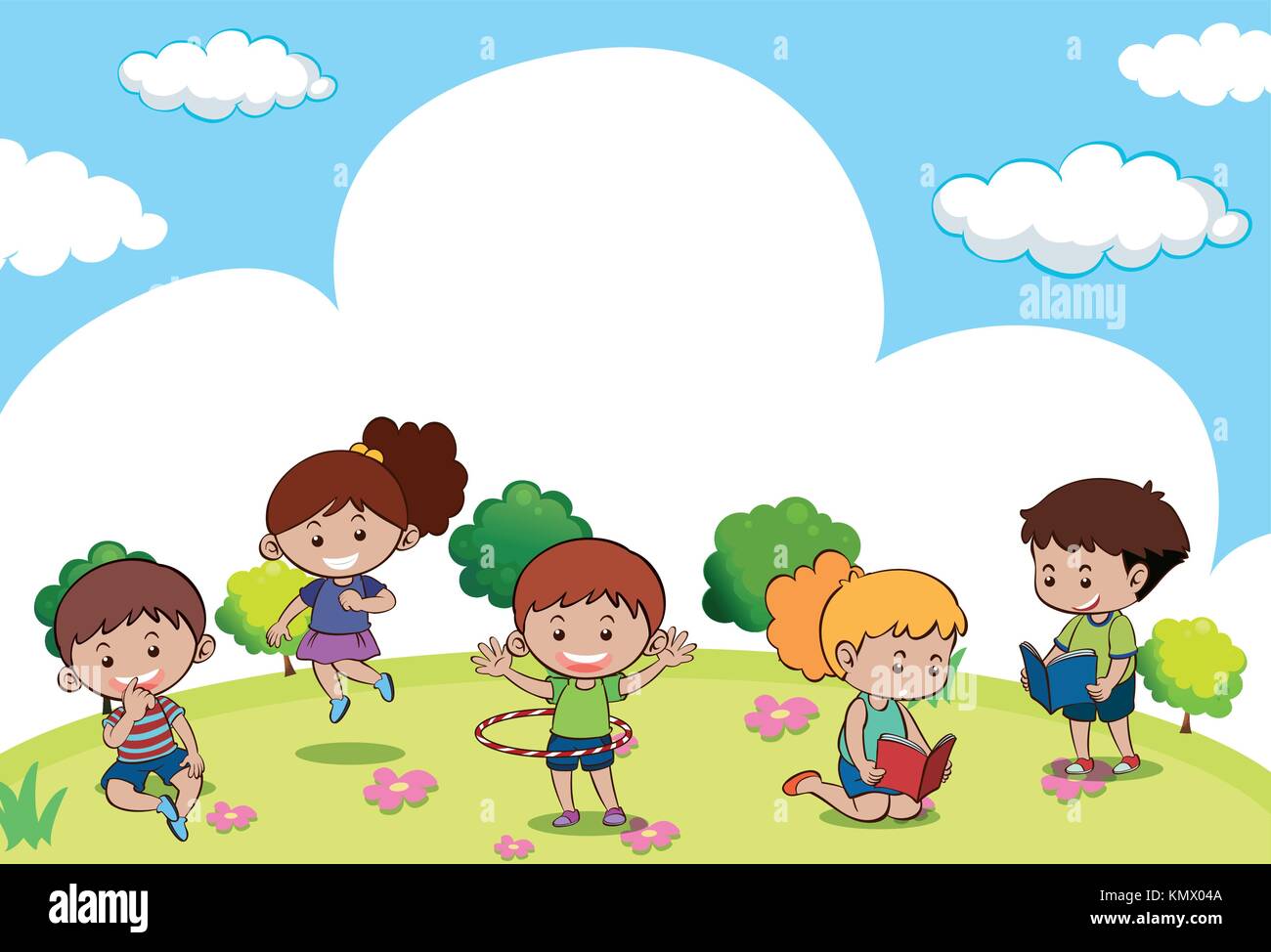 Scene with many kids doing different activities illustration Stock ...