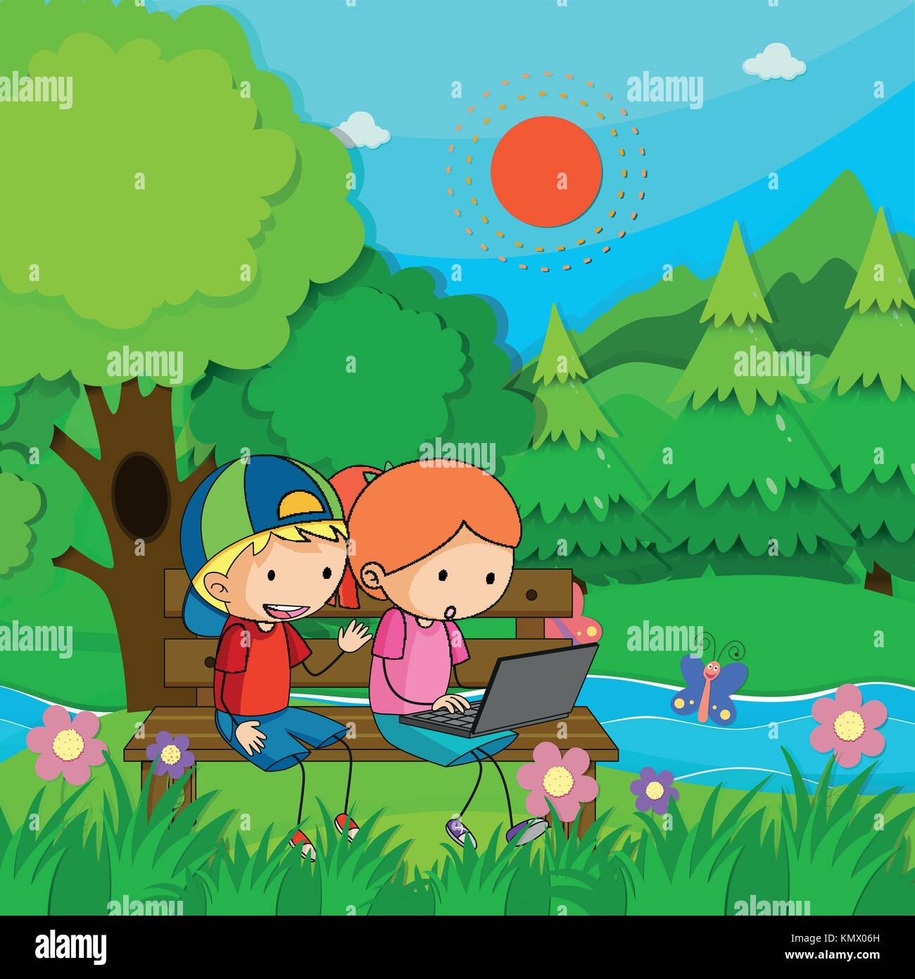 Two kids working on computer in the park illustration Stock Vector ...