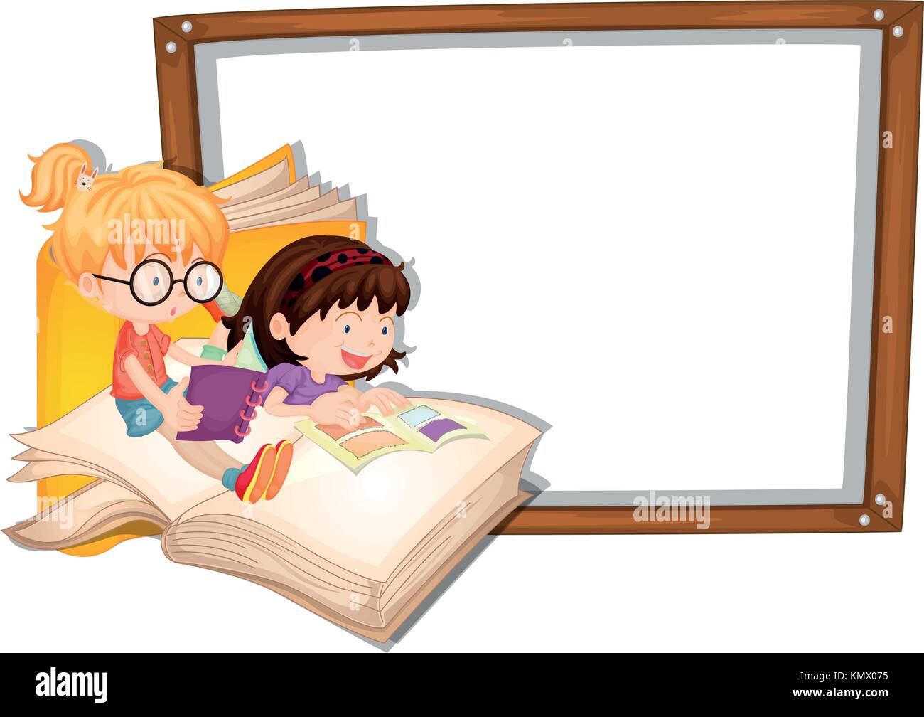 Border template with two girls reading illustration Stock Vector Image & Art - Alamy