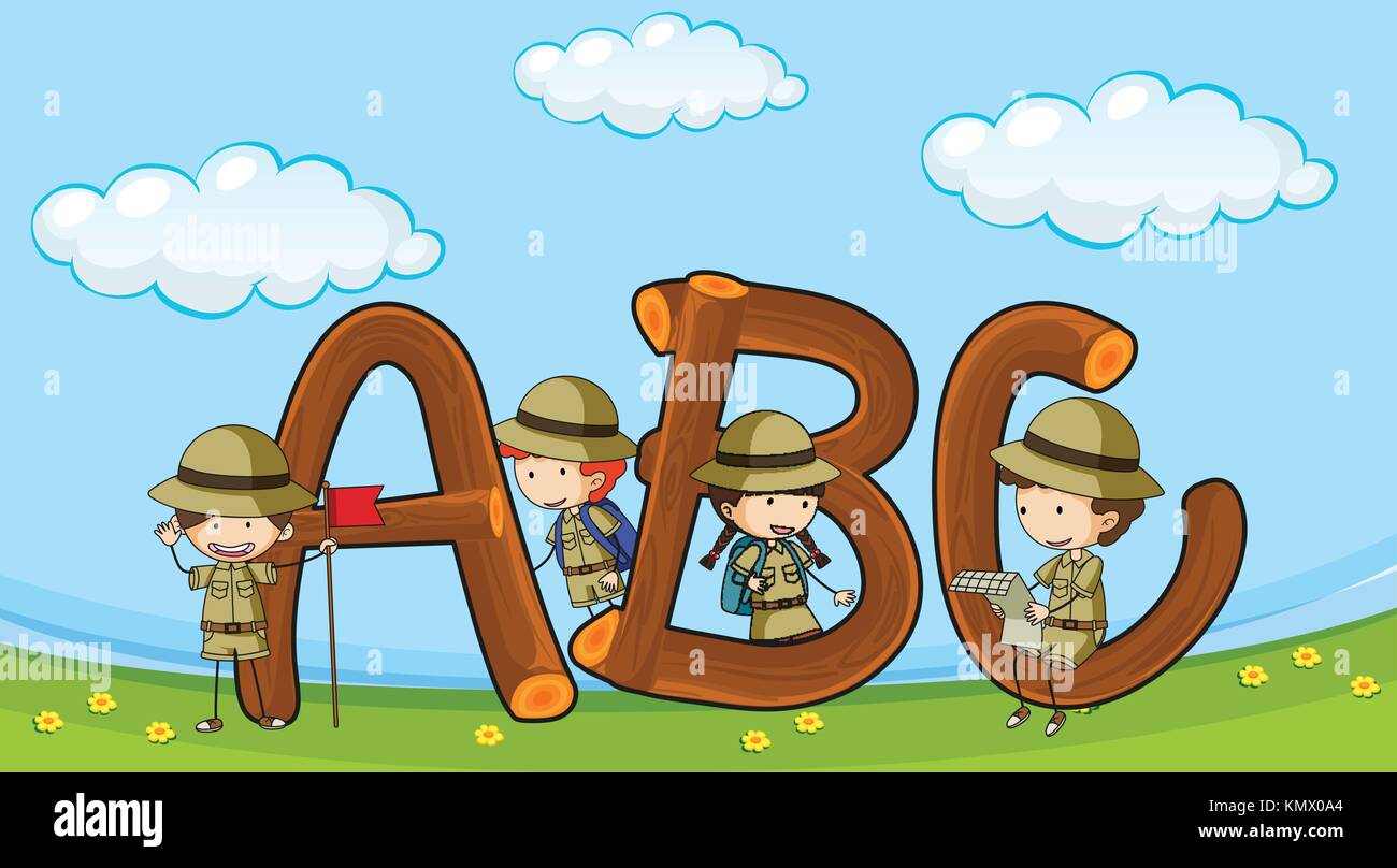 Font ABC with kids in boyscout uniform illustration Stock Vector Image ...