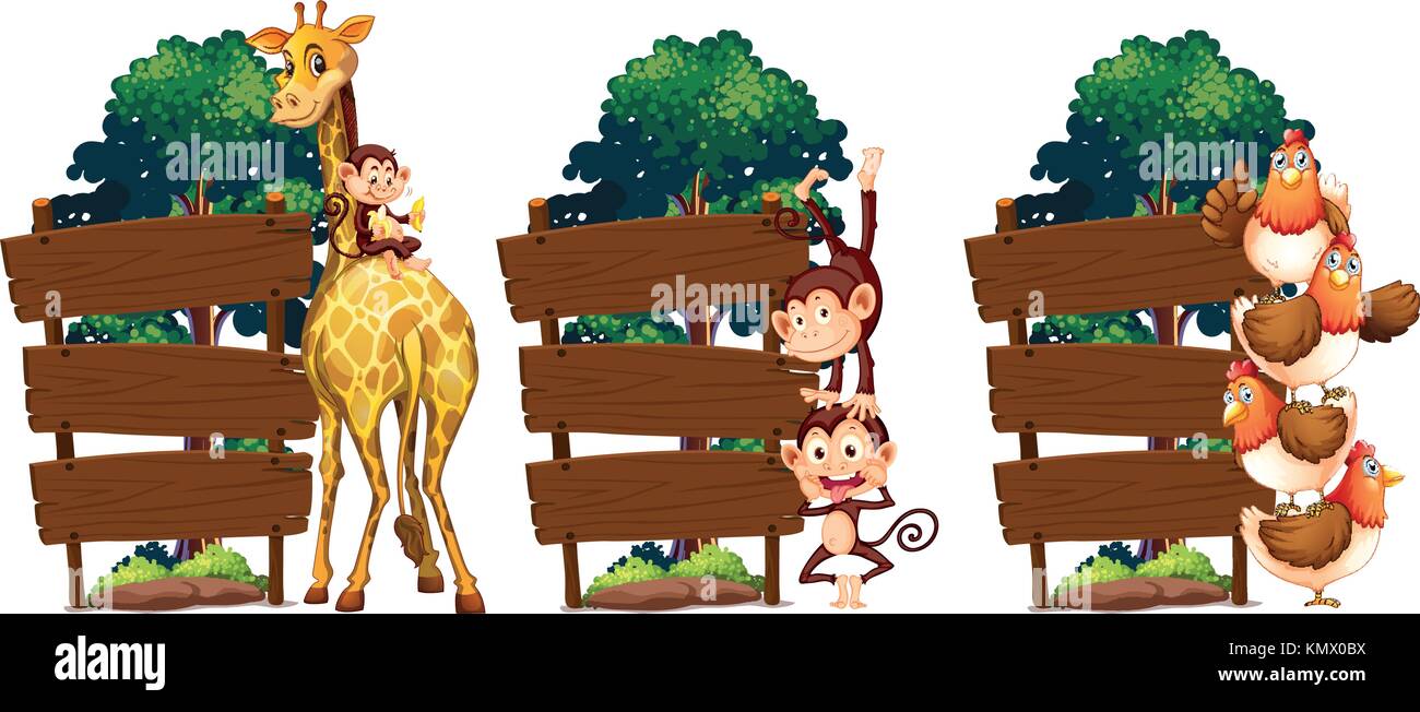 Wooden signs with giraffe and monkeys illustration Stock Vector Image ...
