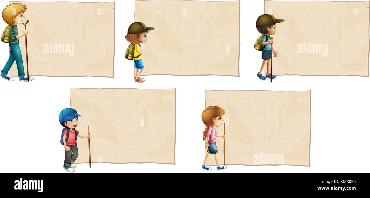 Paper template with kids with hiking stick illustration Stock Vector ...