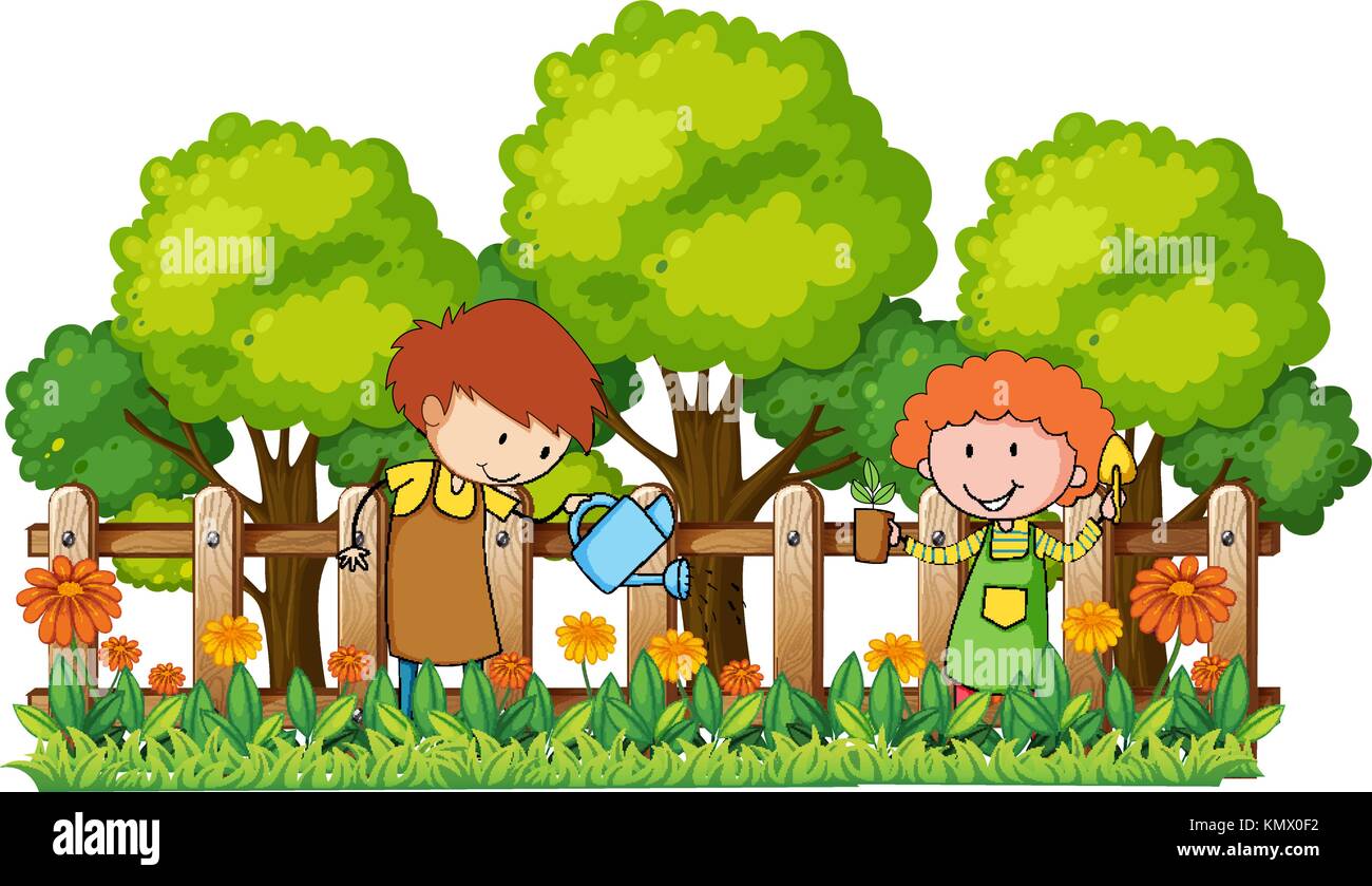 Kids Watering Plants Clipart