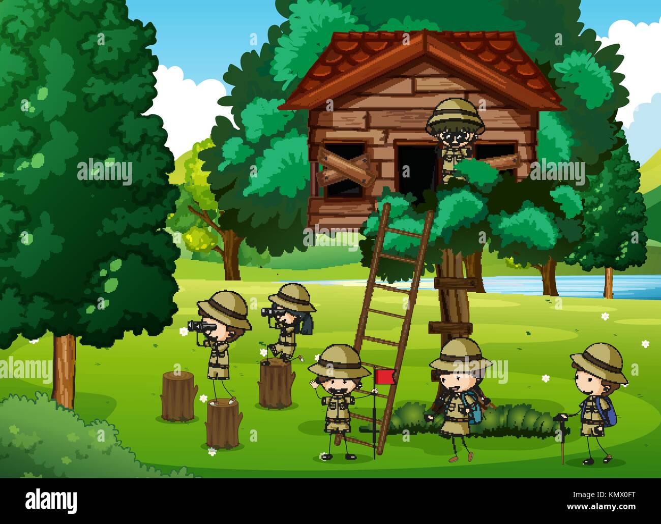 Scouts playing in the treehouse illustration Stock Vector Image & Art ...