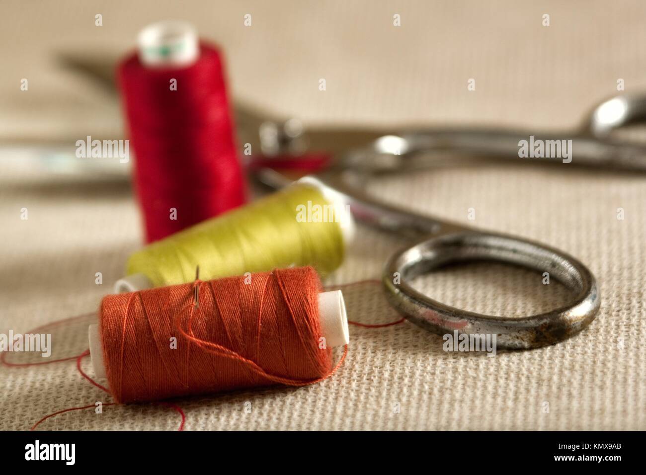 Still-life with scissors and thread a needle Stock Photo - Alamy