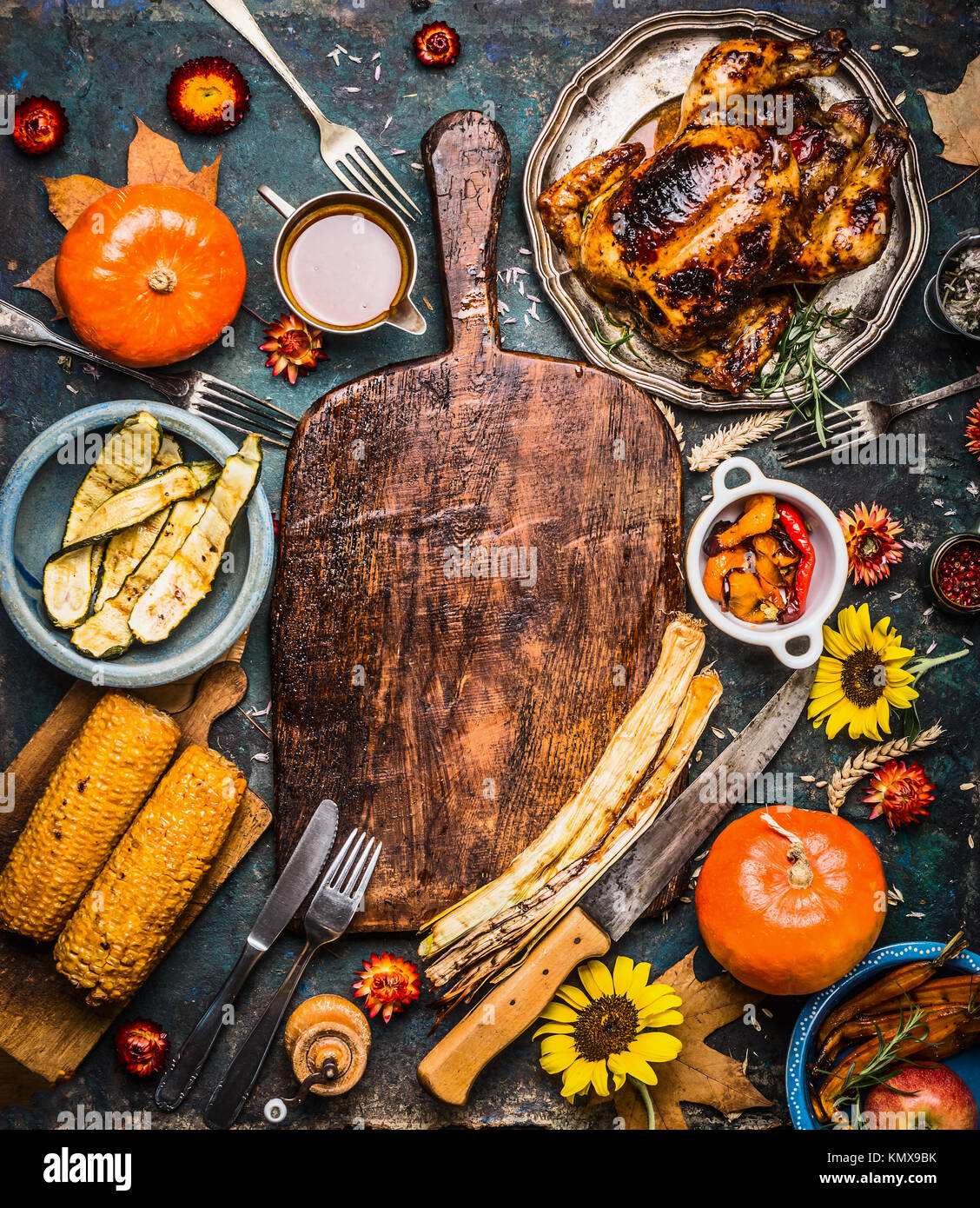 Autumn seasonal cooking and eating background with cutting board ...