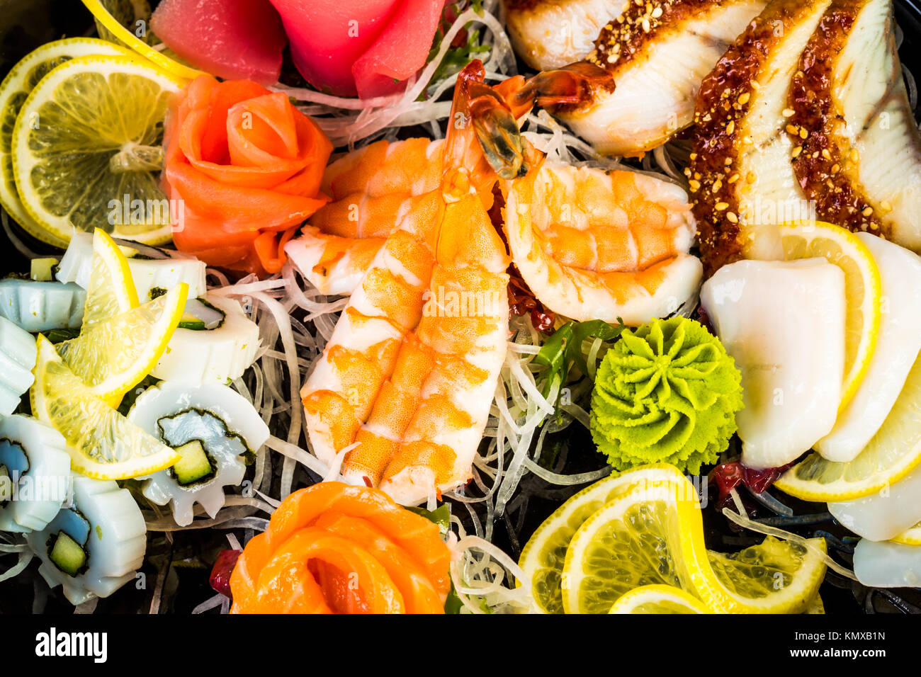 Sea food combination close-up background Stock Photo - Alamy