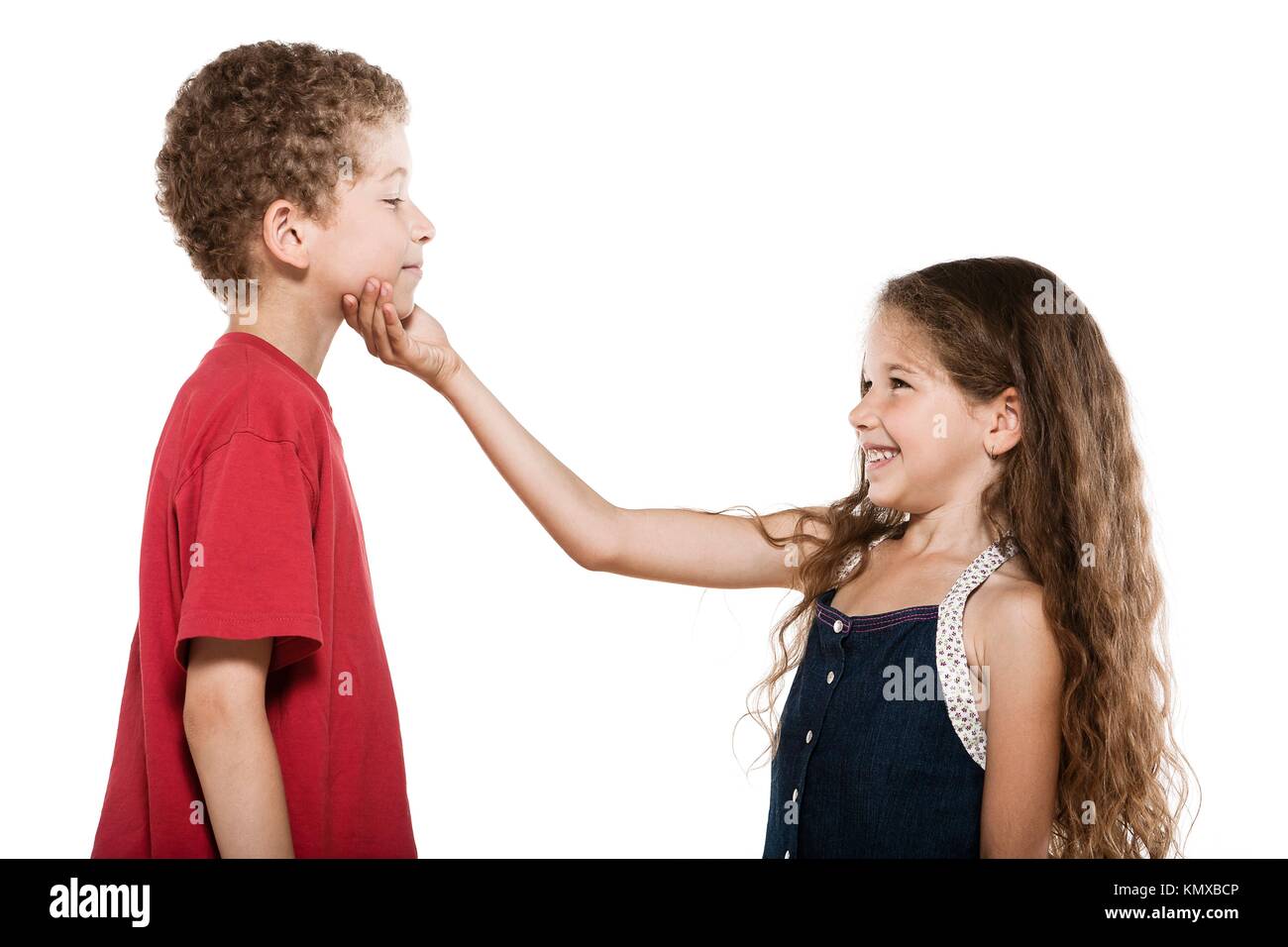 caucasian little boy and girl portrait sibling complicity isolated ...