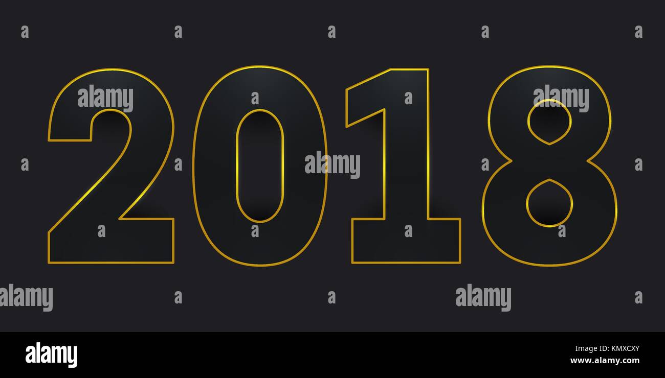 2018 Happy New Year. Black numbers with golden stroke on white ...