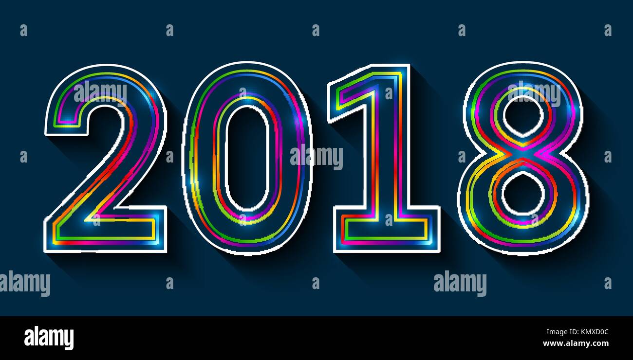 2018 Happy New Year. Multicolor outline numbers with glowing effect on ...