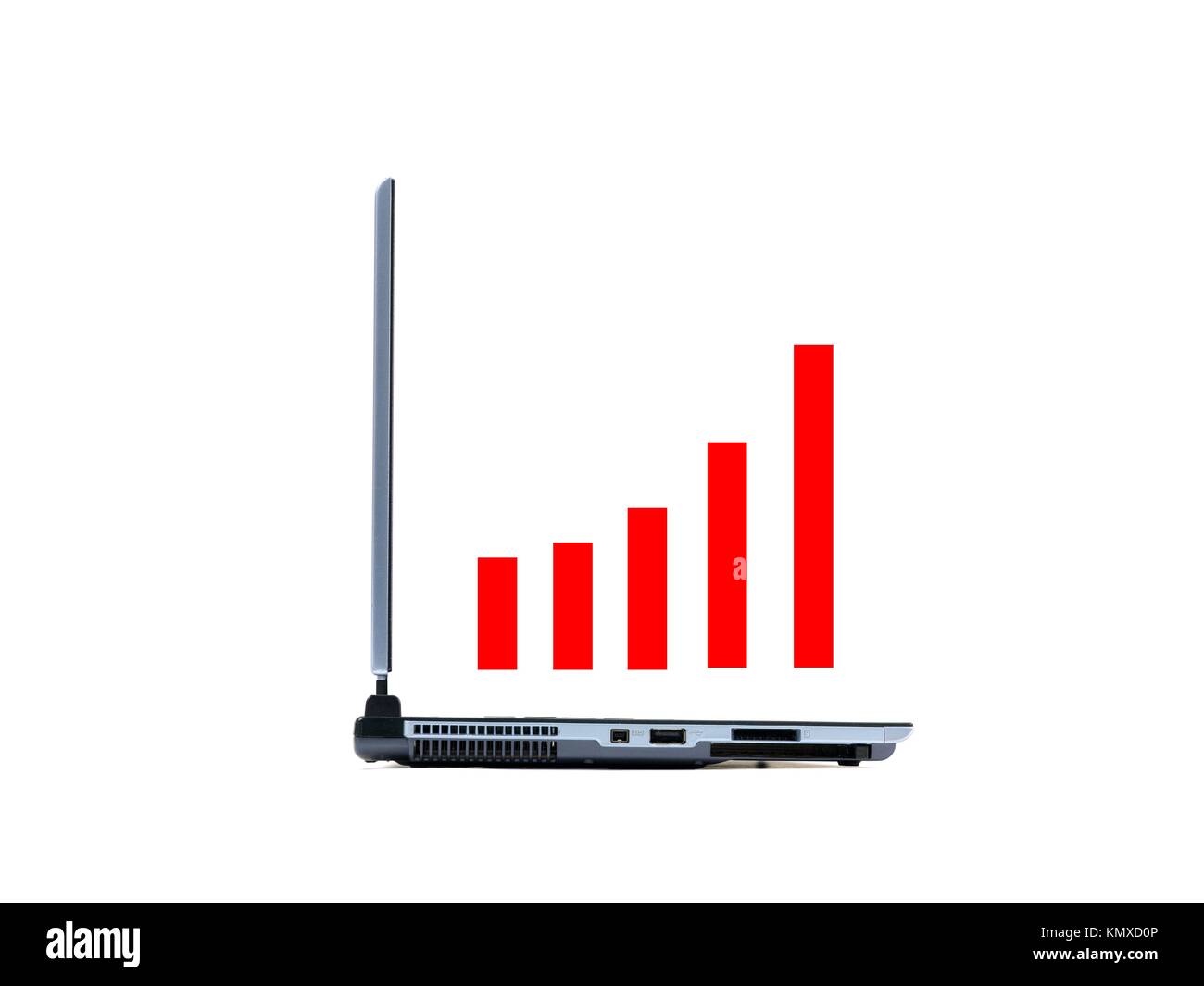 A laptop computer and a bar graph isolated against a white background ...