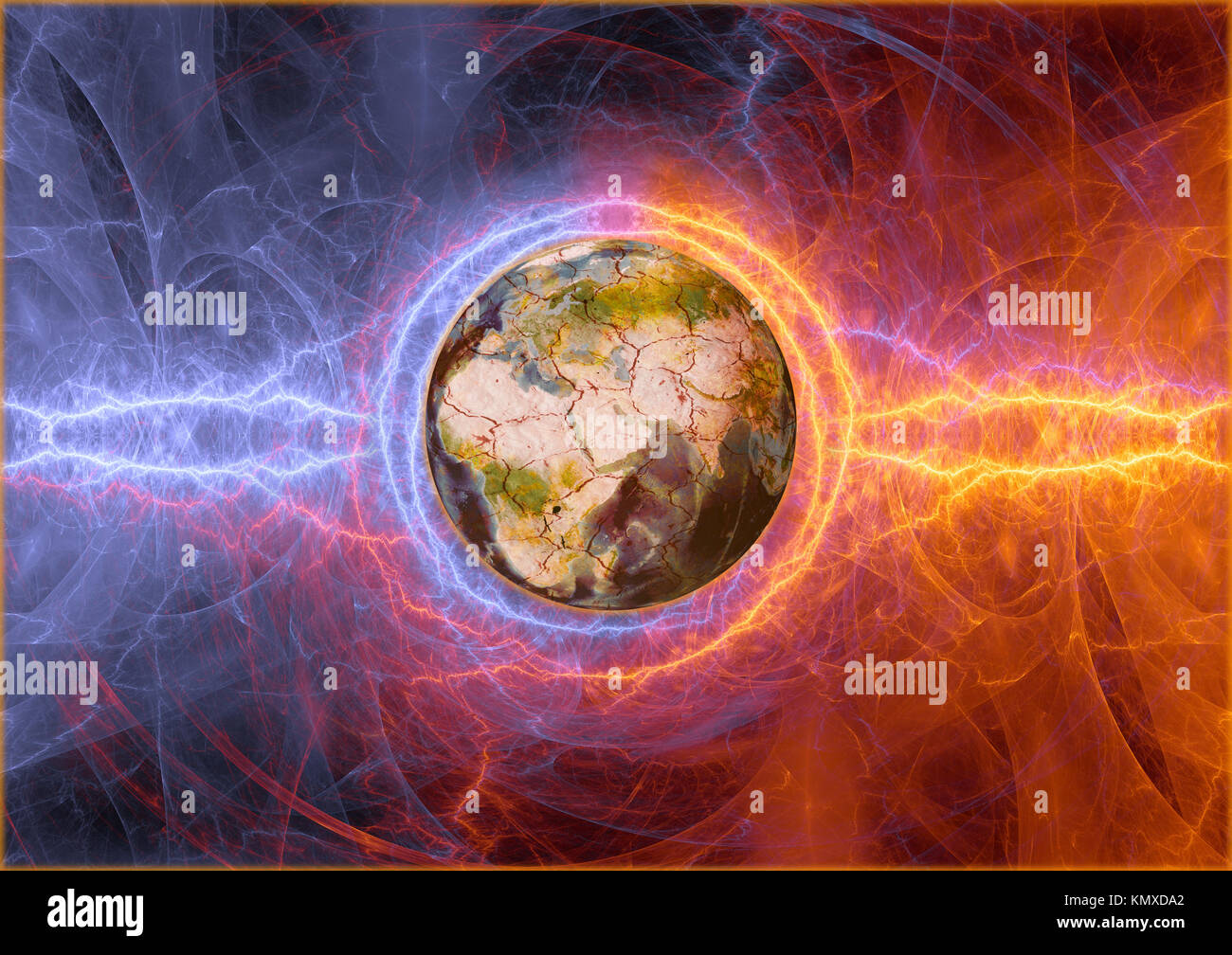 Earth apocalypse in fire and ice lightnings. Elements of this image ...