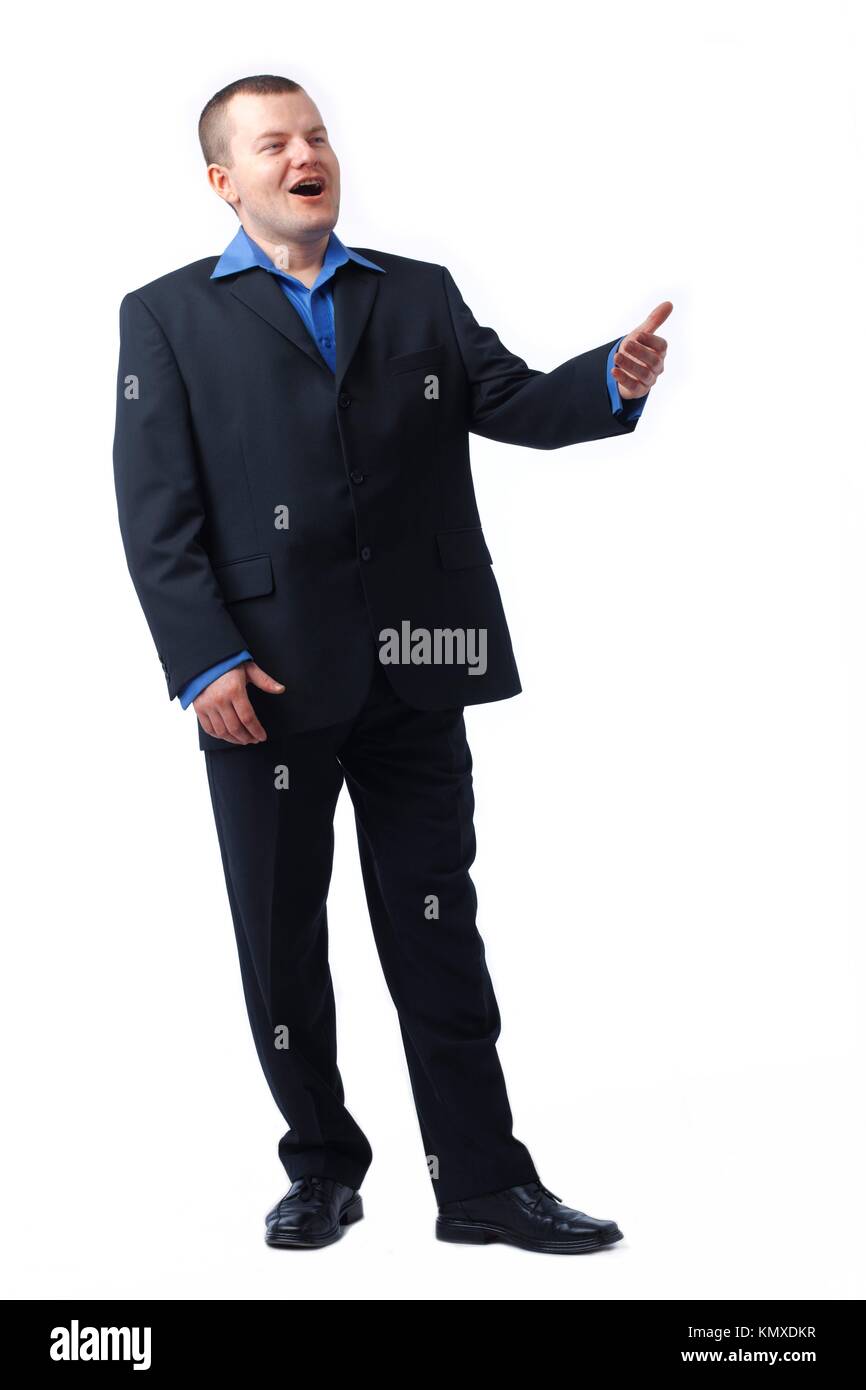 Full length portrait of a businessman gesturing and talking to someone ...