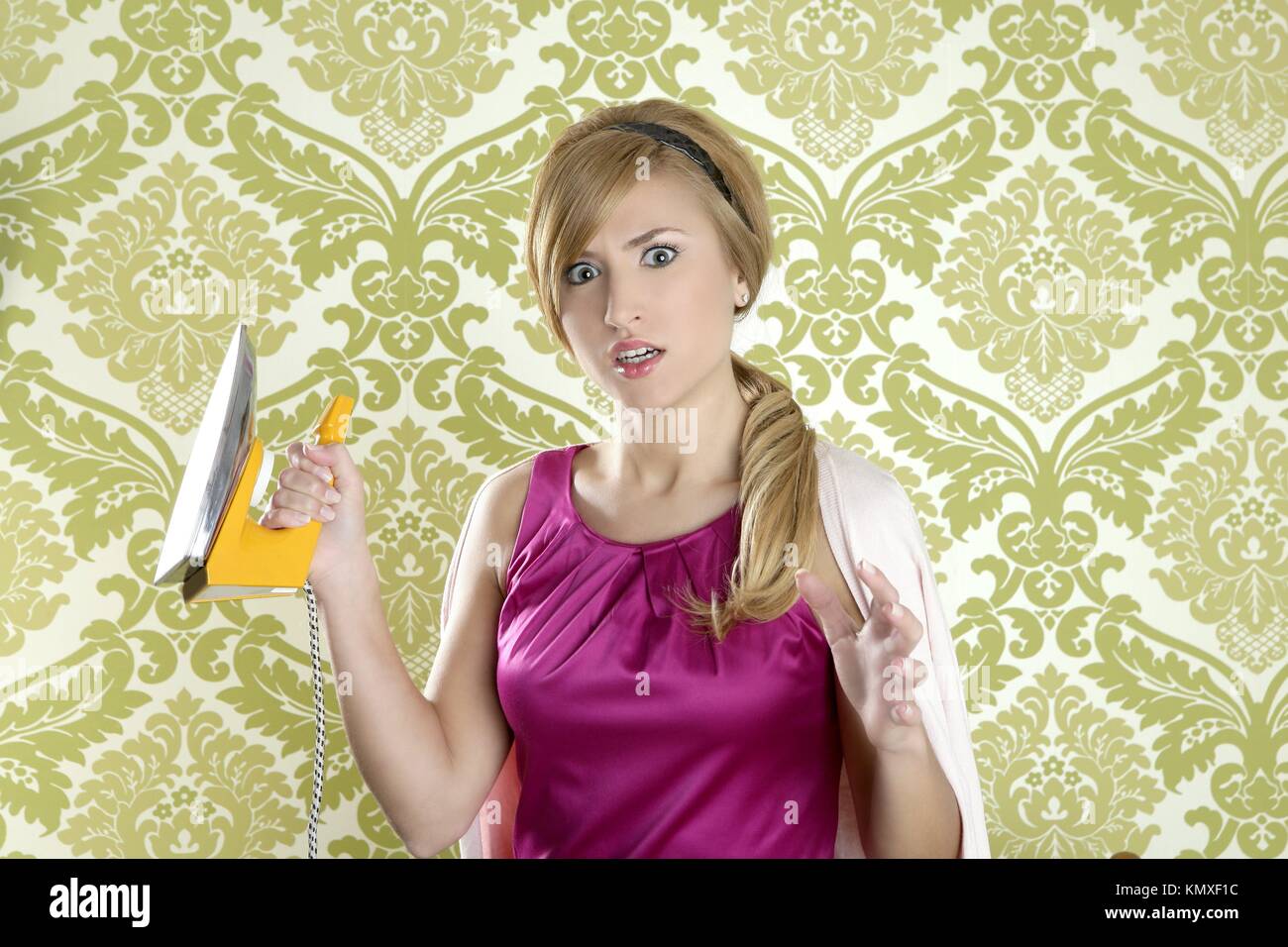 Hysterical retro woman vintage iron wallpaper funny humor expression ...