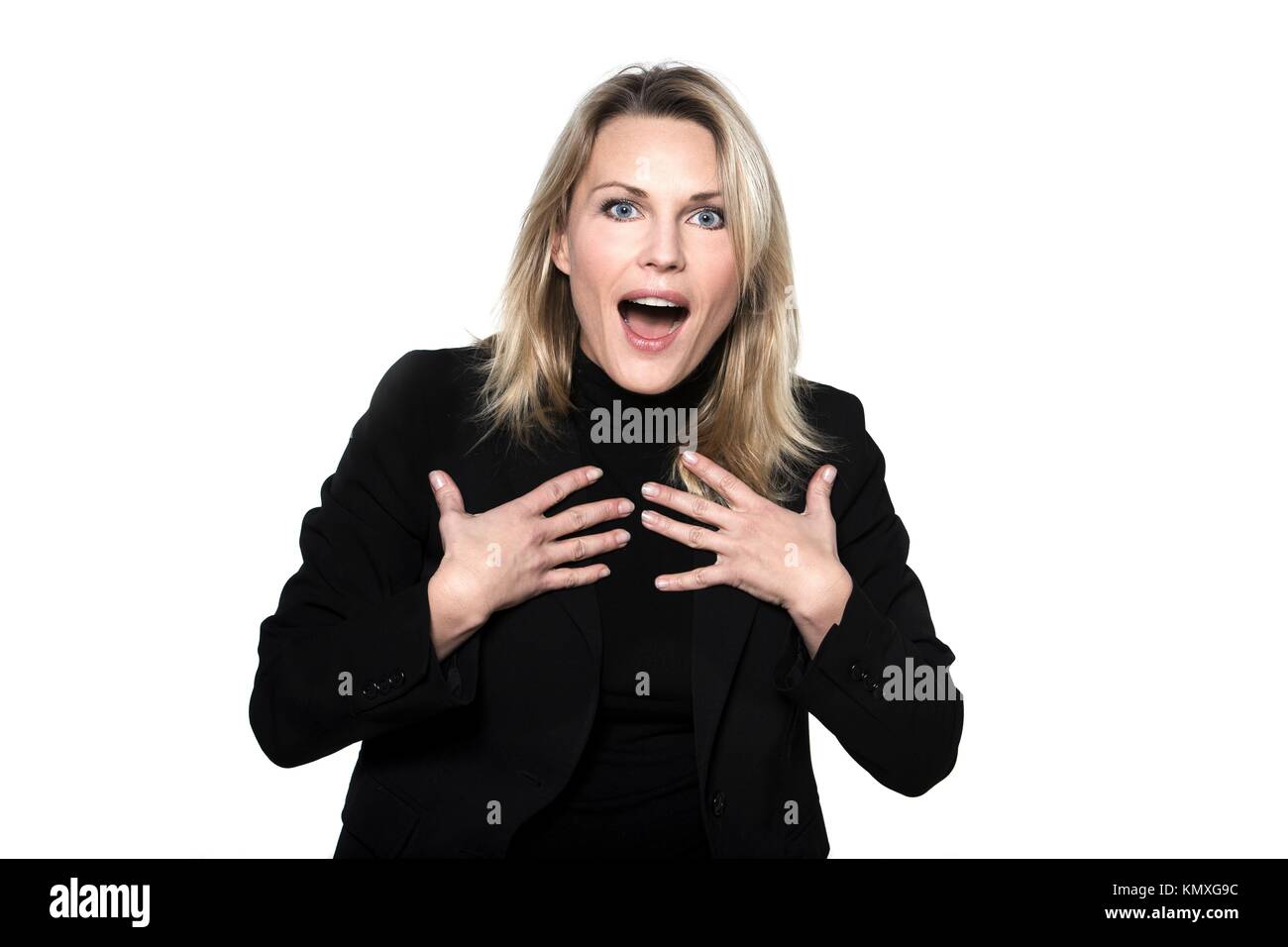 beautiful blond hair woman surprised stun amaze portrait on studio ...