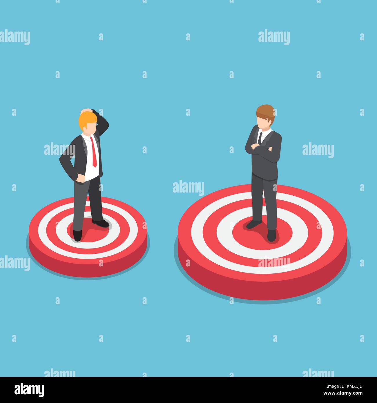 Flat 3d isometric businessman standing on bigger target than his friend ...