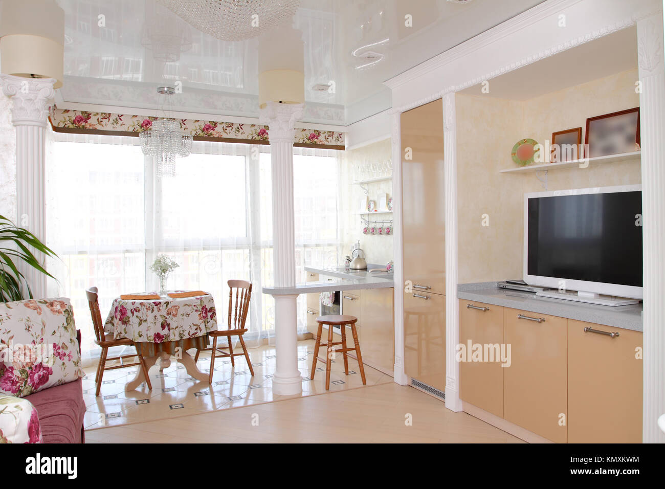 interior of the modern apartment overlooking a window and the TV, a ...