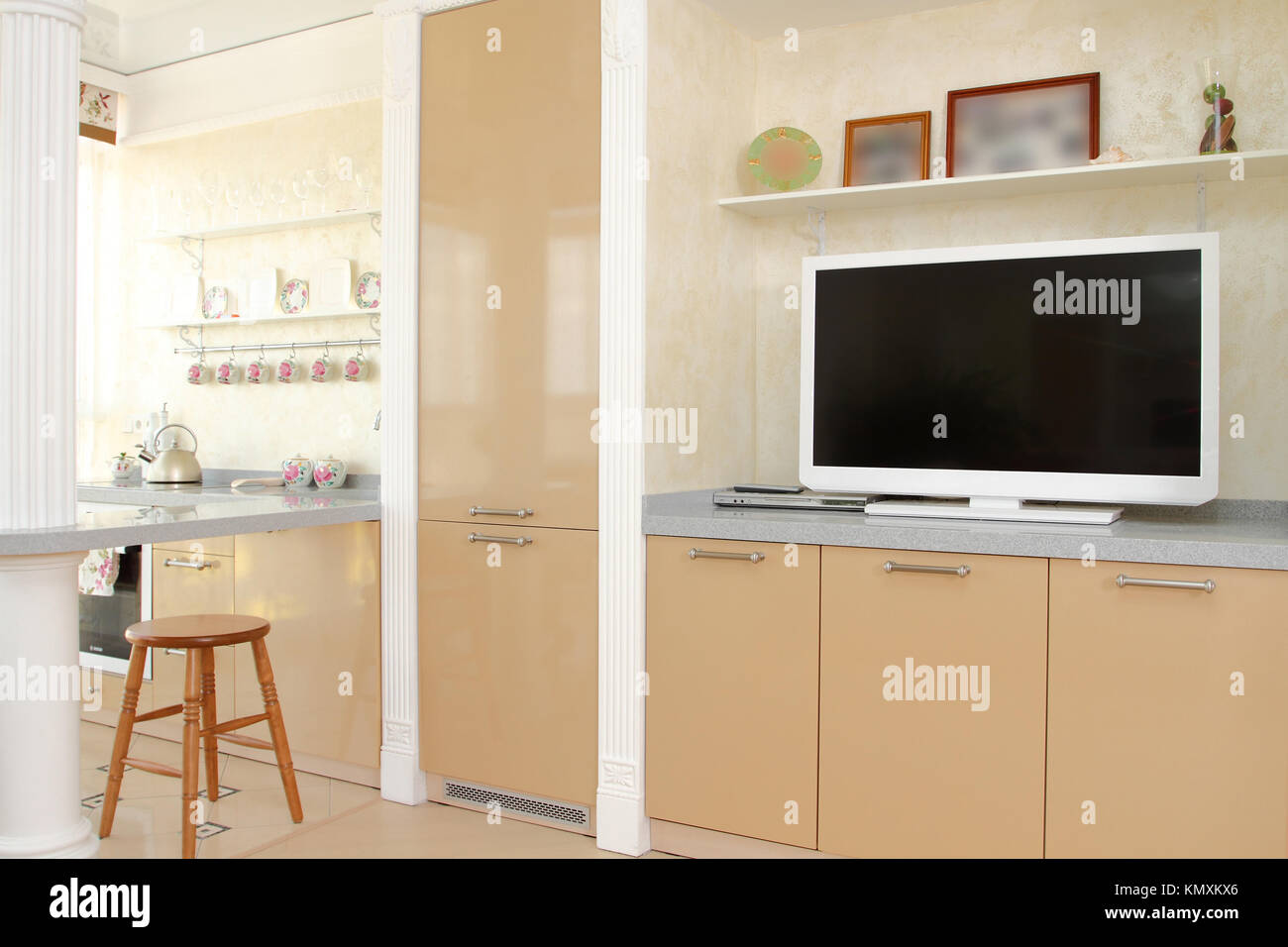 interior of the modern apartment, view of kitchen with a big window a ...