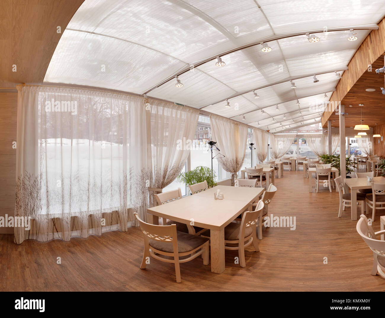 panorama of big cafe with a glass ceiling Stock Photo - Alamy