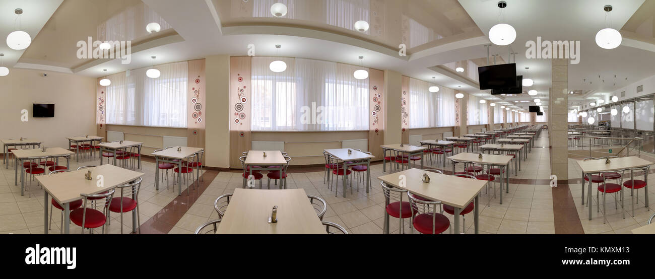 panorama of big cafe with a set of little tables Stock Photo - Alamy