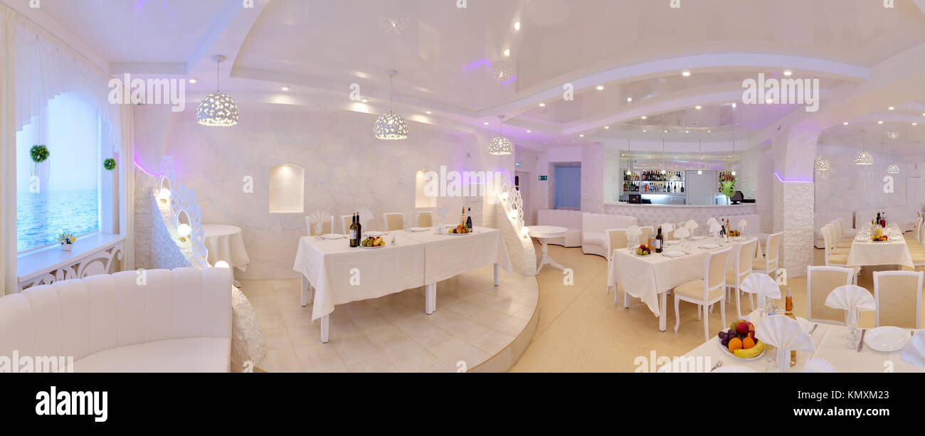 panorama of big light cafe with a set of tables and a bar counter Stock ...