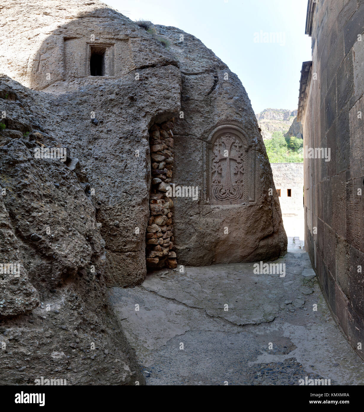 View from a grotto in the ancient Armenian temple complex Geghard Stock ...
