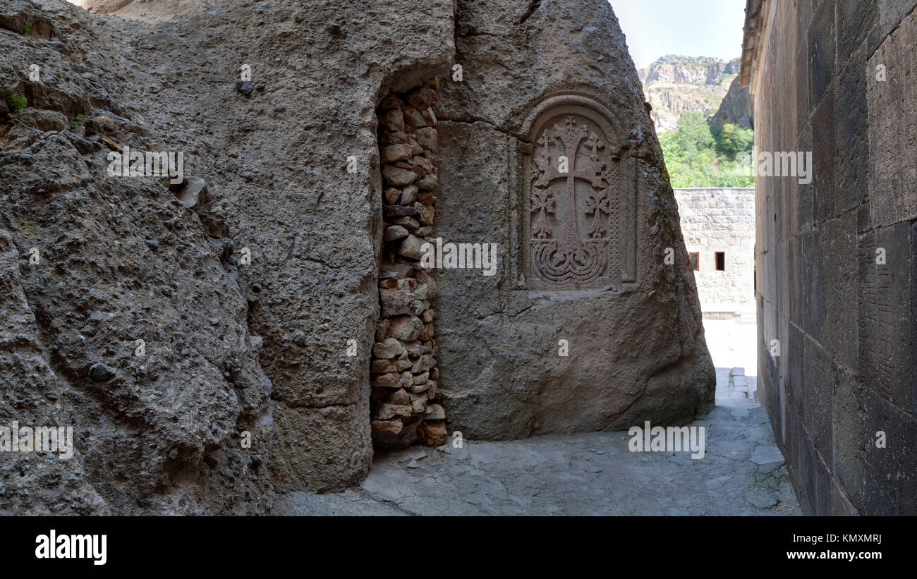 View from a grotto in the ancient Armenian temple complex Geghard Stock ...