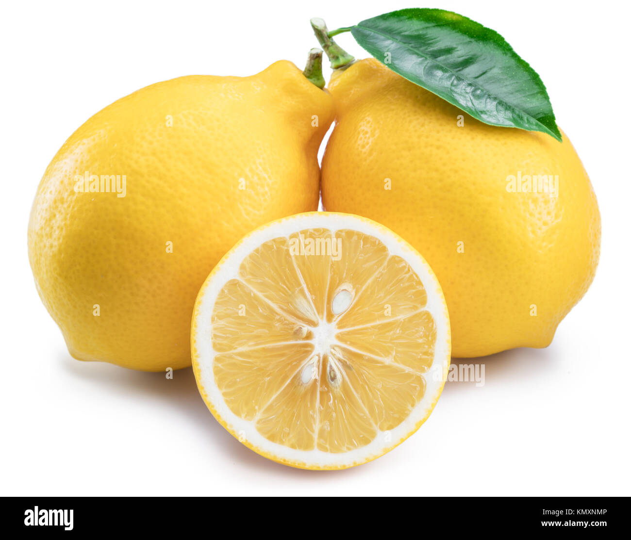 Ripe lemon fruits with lemon leaf on the white background Stock Photo ...