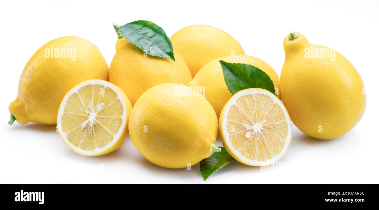 Group of lemon fruits with lemon leaf on the white background Stock ...