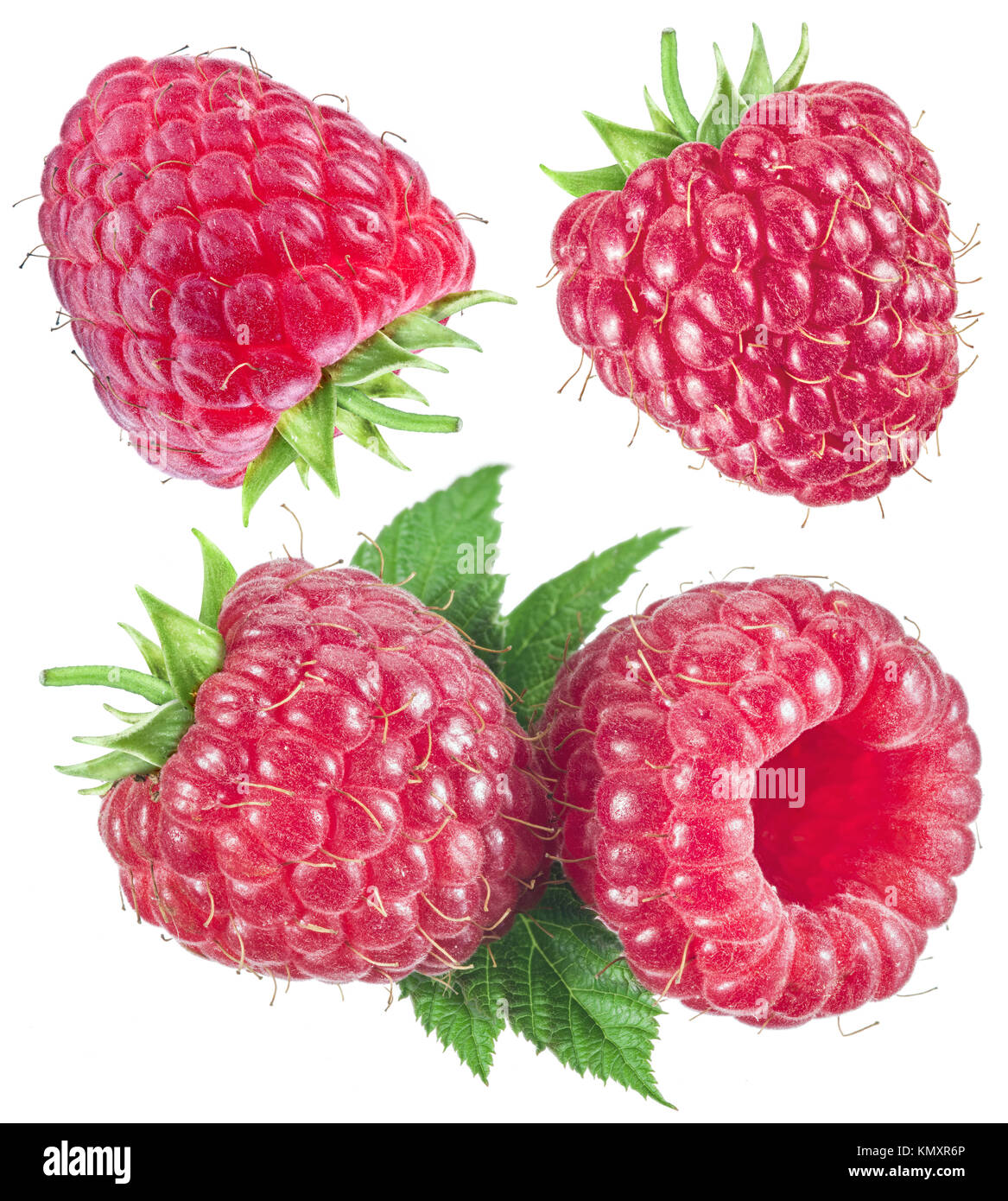 Collection of ripe raspberries with raspberry leaves Stock Photo - Alamy