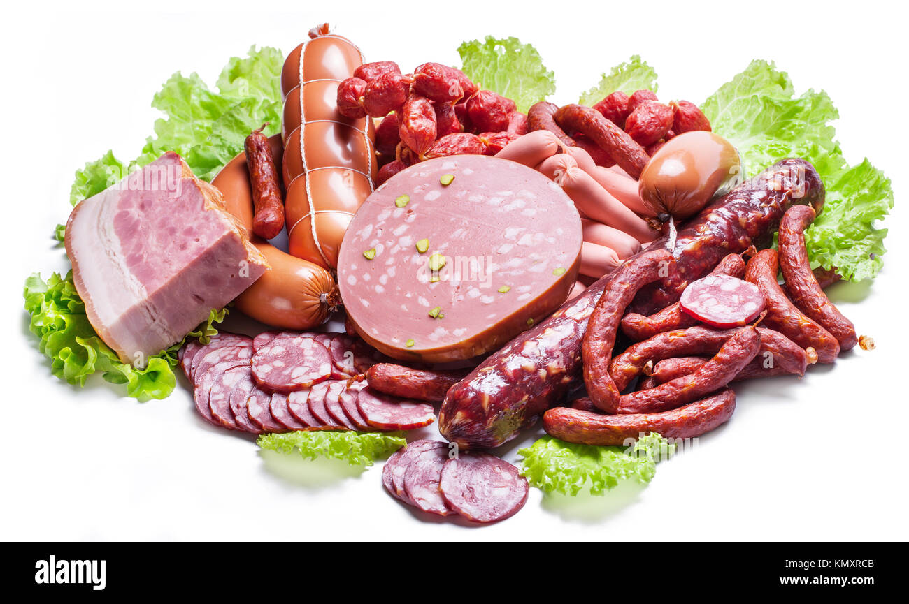Variety of dry cured sausage products and meat Stock Photo - Alamy
