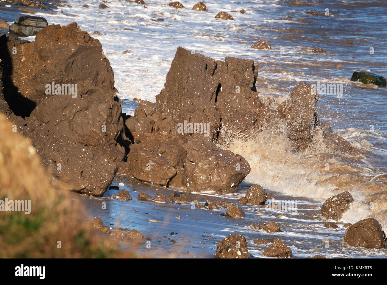 Rapidly eroding glacial clay cliffs on the east coast of the UK in ...