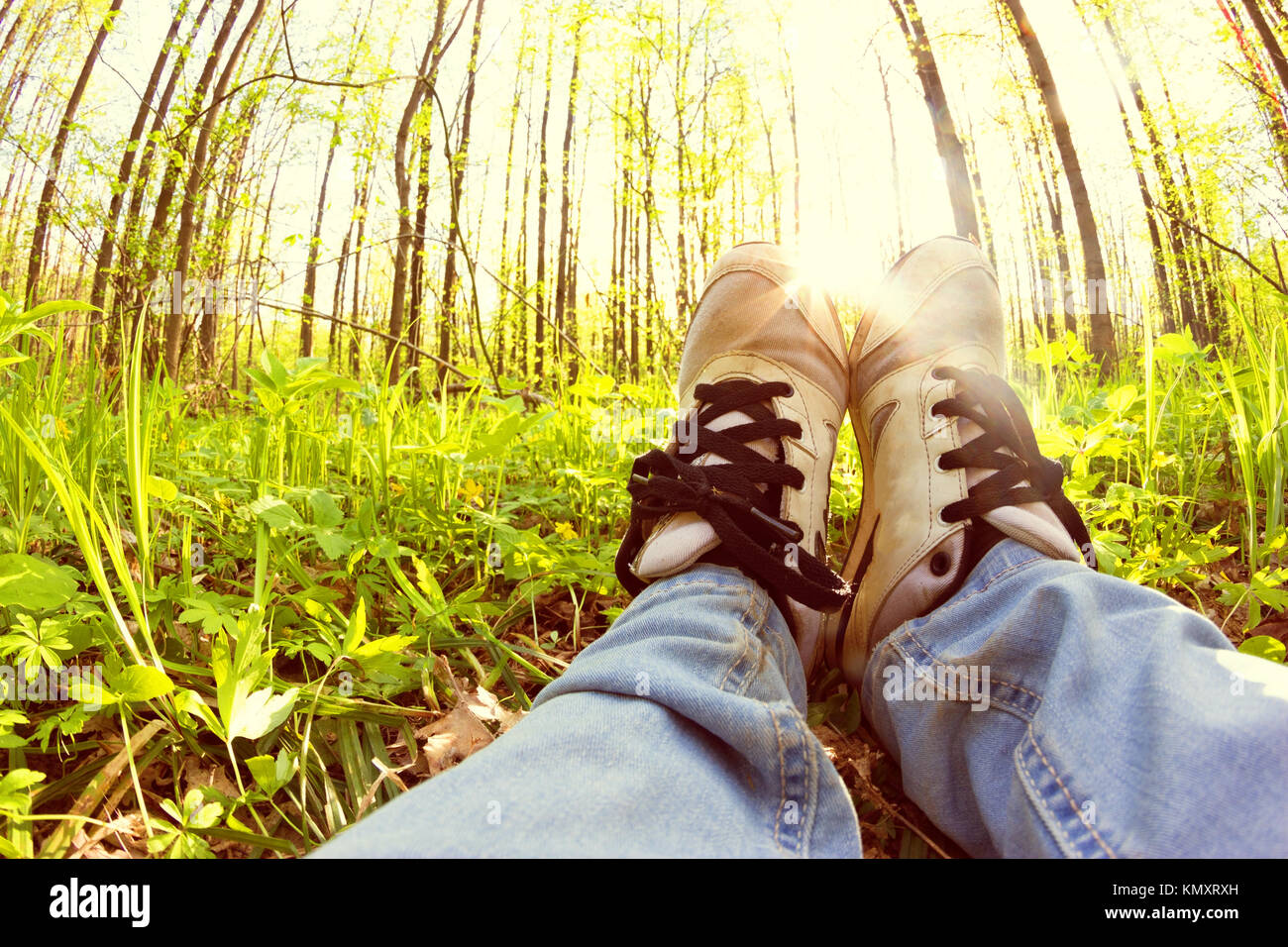 woman legs in sneaker. lay on green grass Stock Photo - Alamy