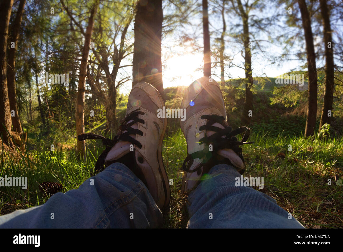 woman legs in sneaker. lay on green grass Stock Photo - Alamy