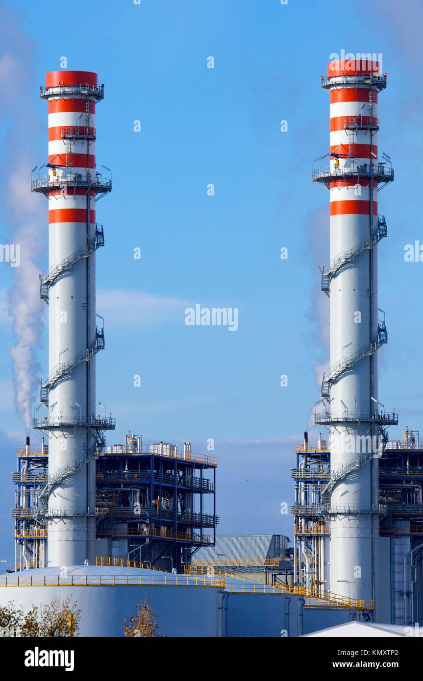 smokestacks of a power plant for electric energy production in Escatron ...