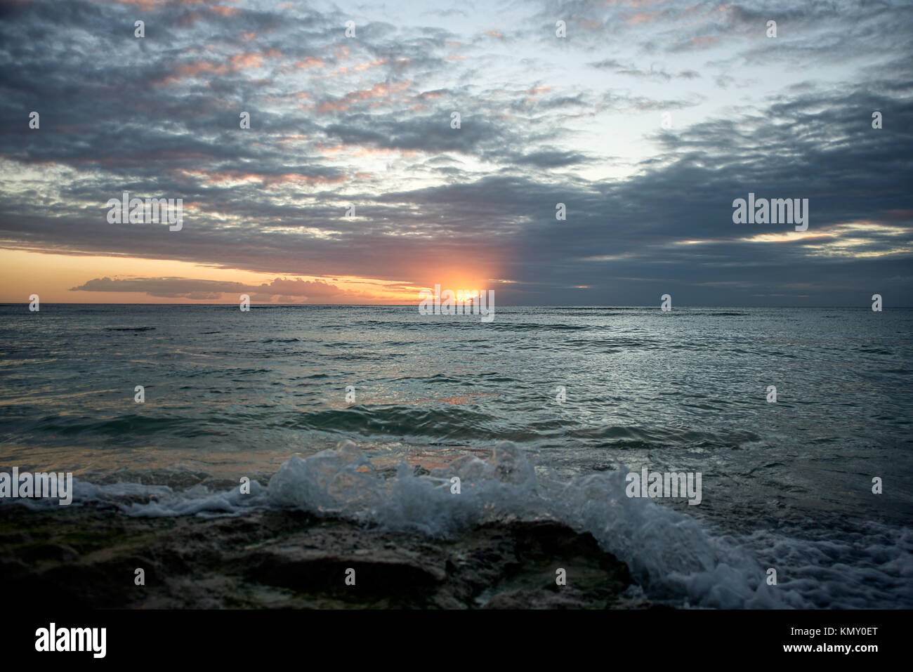 Wide angle sunset shot on a beach at Mauritius, dramatic clouds and ...