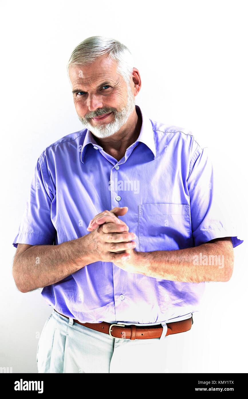 caucasian senior man portrait mischievous isolated studio on white ...