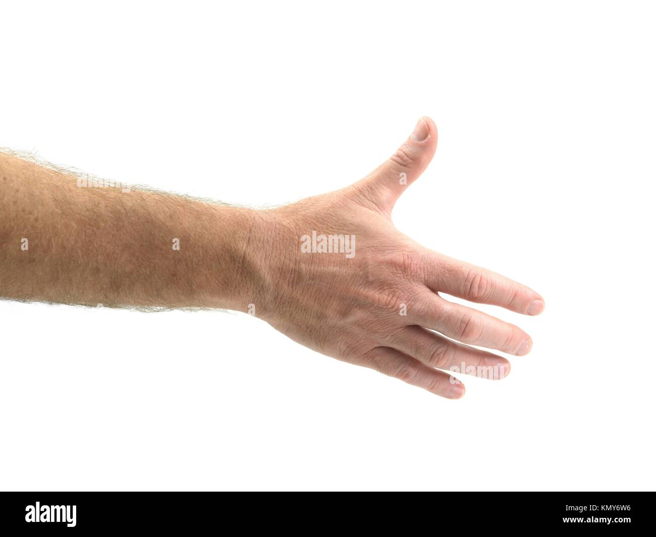 Male hands forming a handshake isolated against a white background ...