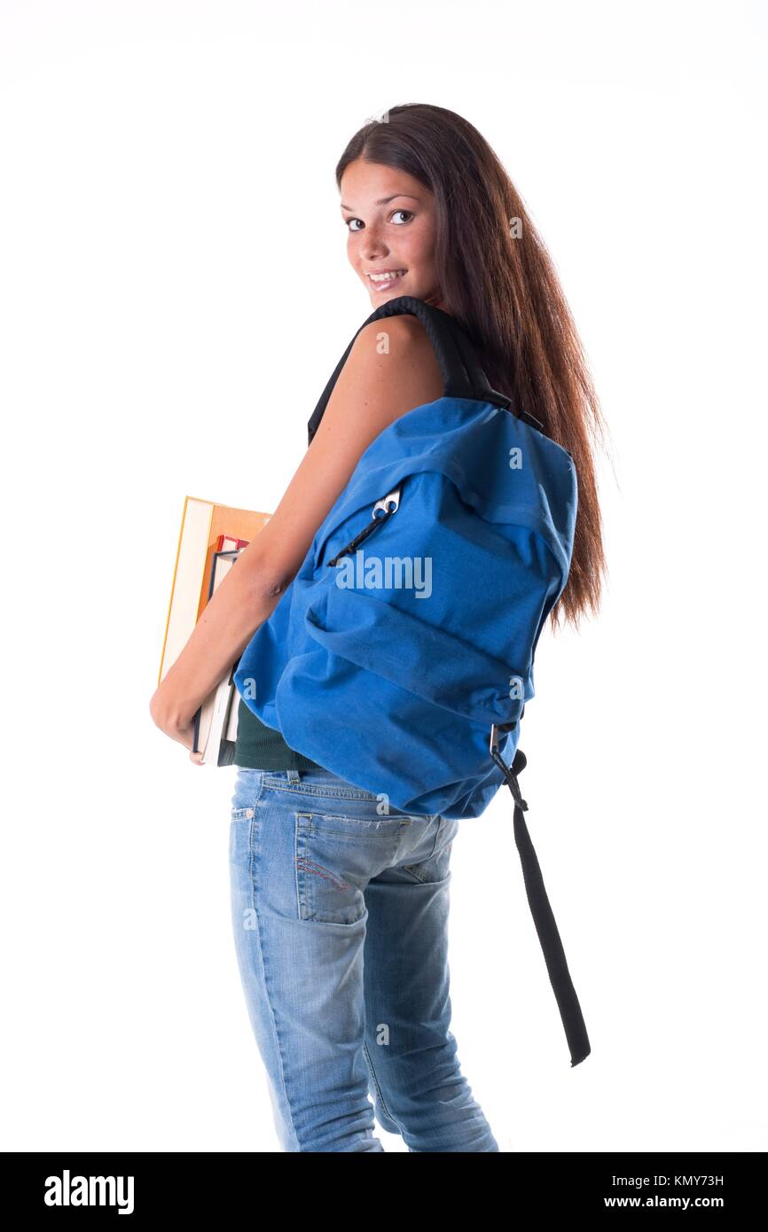 Female student carrying a heavy schoolbag Stock Photo - Alamy