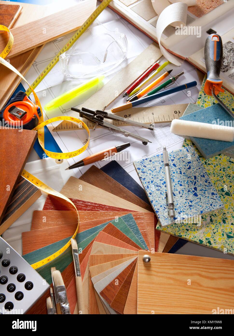 Architect or interior designer workplace desk and design tools with ...
