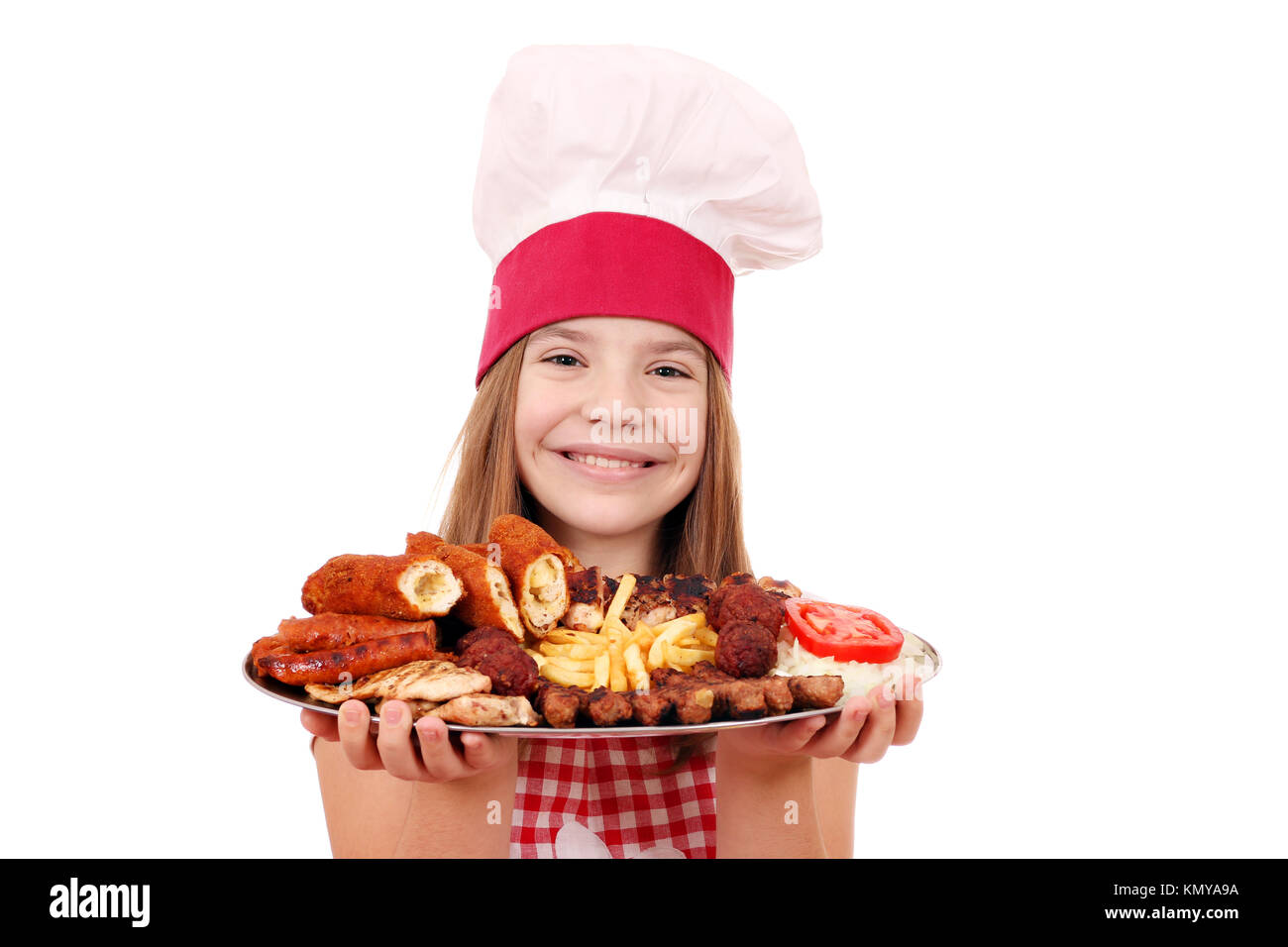 happy little girl cook with grilled meat on plate Stock Photo - Alamy
