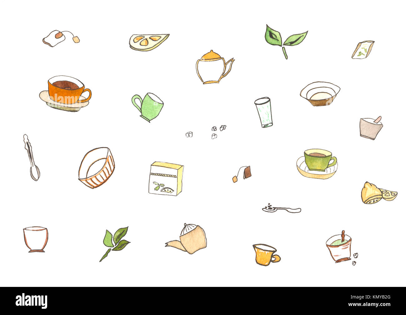 Watercolor set tea elements. The tradition of drinking tea Stock Photo ...