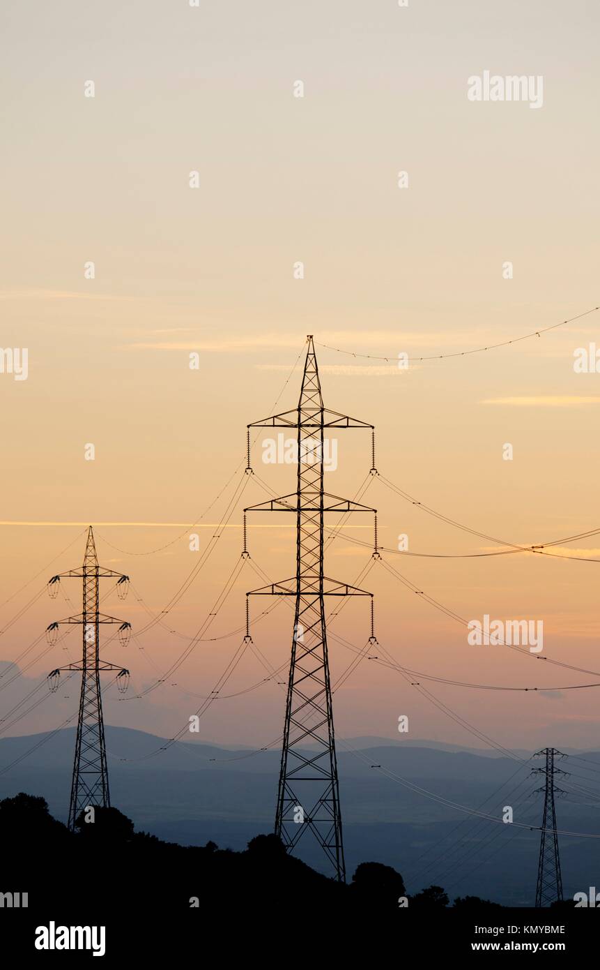 towers of a power line photographed at sunset, El Buste, Saragosa ...
