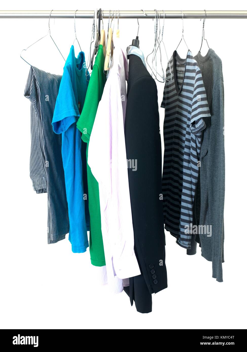 Garments hanging on coat hanger isolated against a white background ...