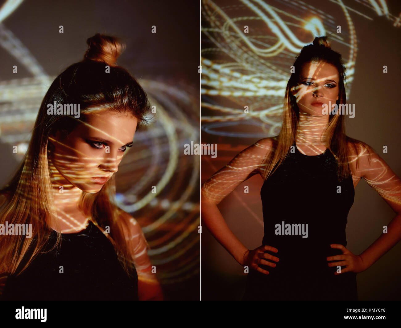 Abstract portrait of a beautiful girl in the light of the projector ...