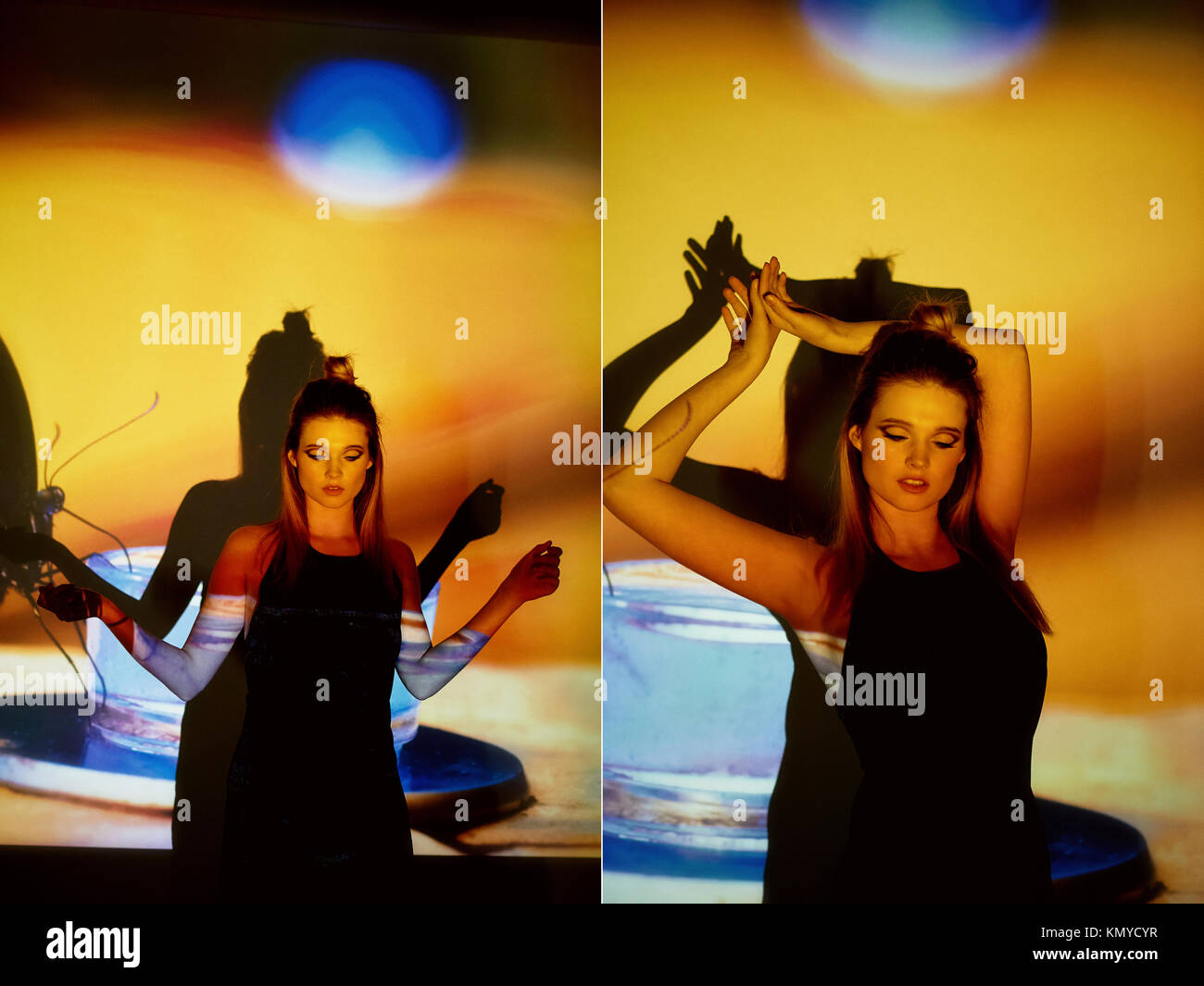 Abstract portrait of a beautiful girl in the light of the projector ...