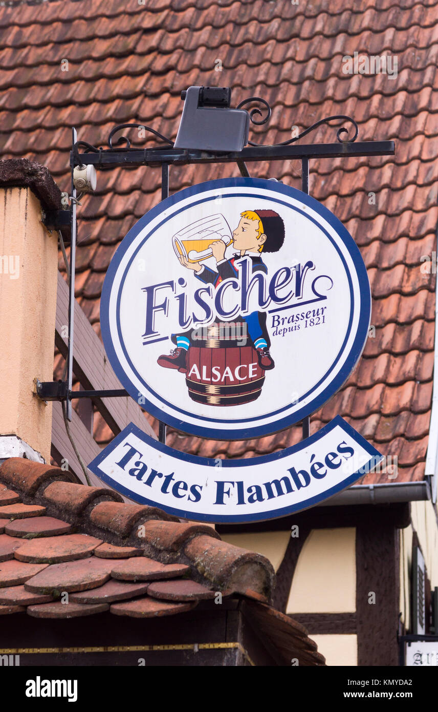 A hanging sign in Wissembourg, Alsace, advertising a regional beer ...